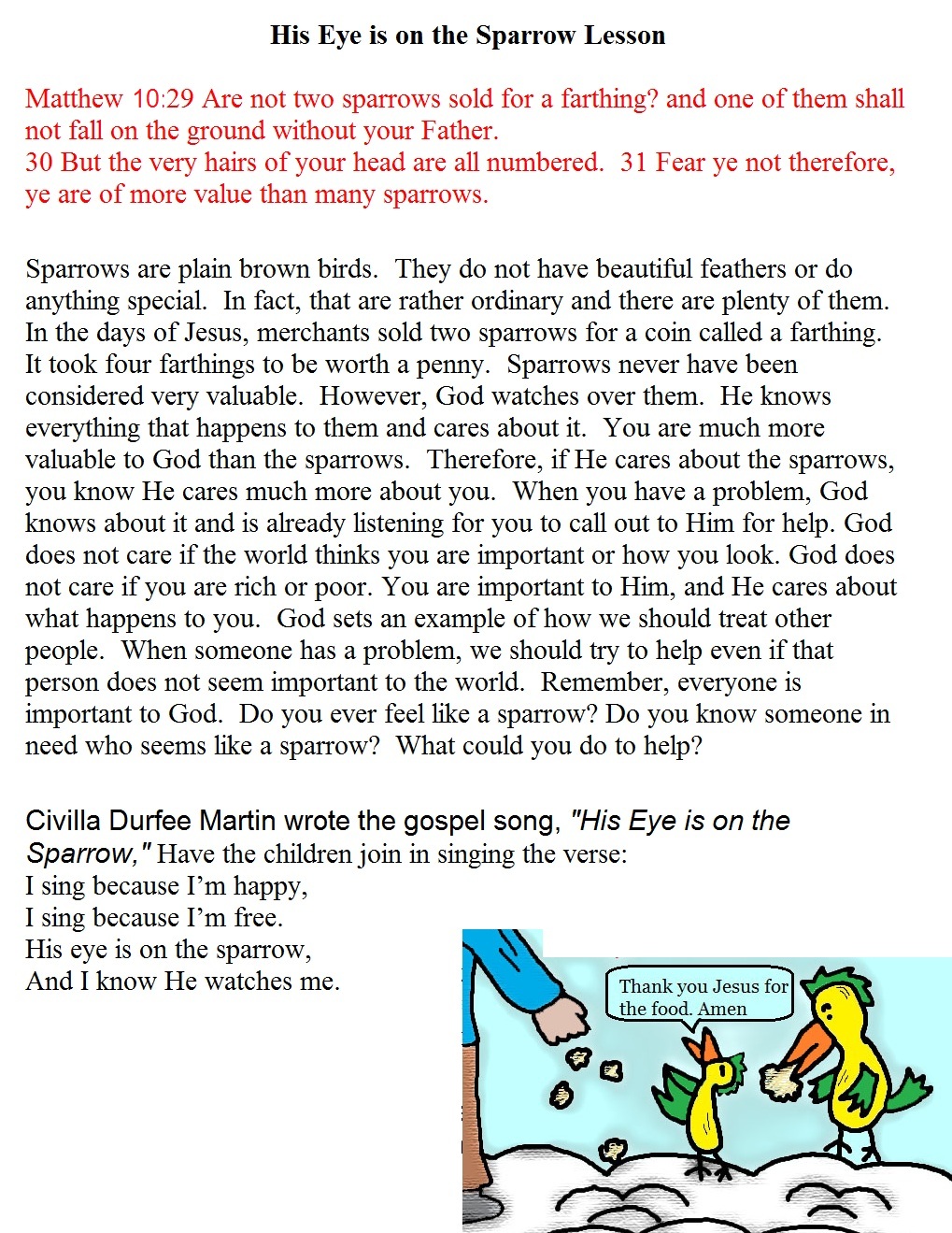 His Eye Is On The Sparrow Sunday School Lesson